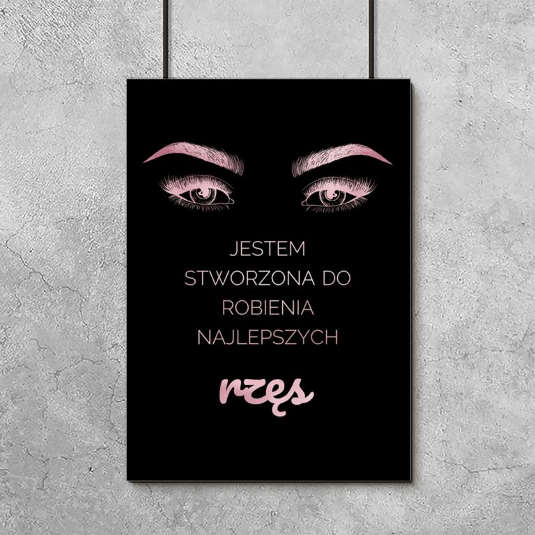 Różowo-czarny plakat do salonu kosmetycznego z mottem o robieniu rzęs